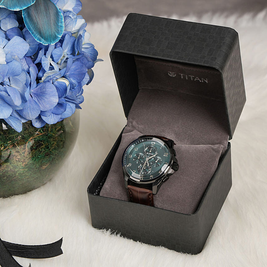 Order Titan Watch For Him Blue Dial, Floral Arrangement Online | Same ...
