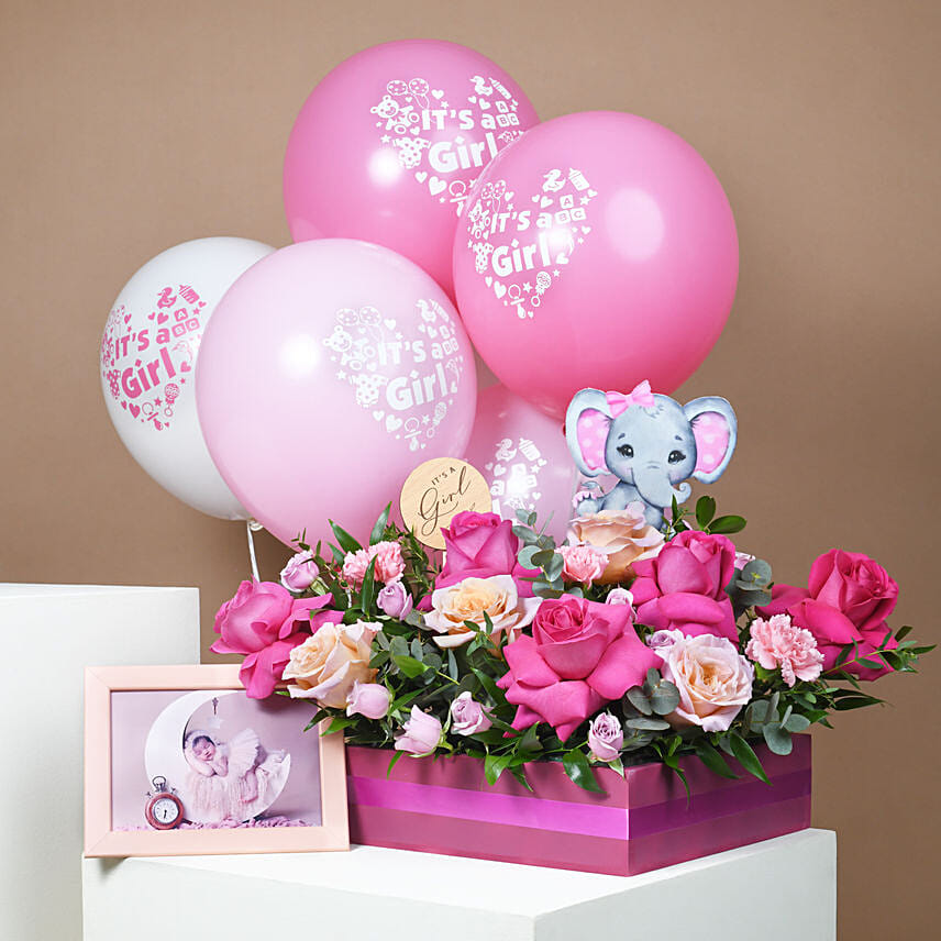 Online It's a Girl Flower Arrangement Combo Set Gift Delivery in Qatar ...